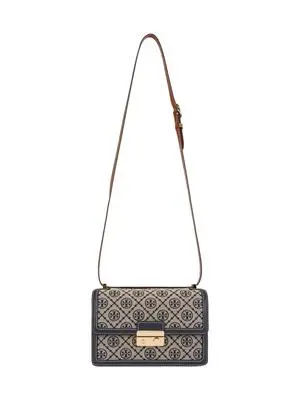 Tory Burch Monogram Mini Shoulder Handbag With Hook Buckle Closure - Light Blue
