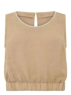120% Lino Rhinestone Embellished Linen Crop Top - Beige