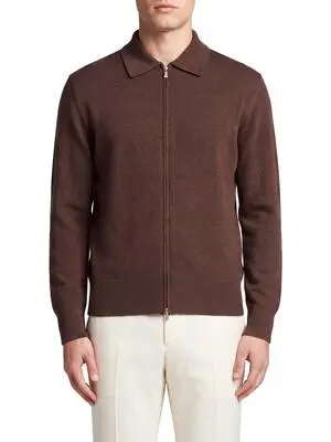 Eleventy Long-sleeved Wool Polo Cardigan With Zip Closure Dark