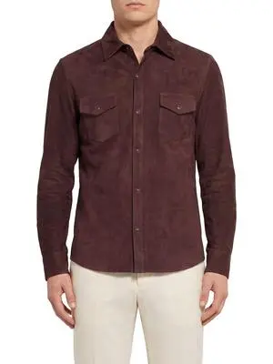 ELEVENTY Slim Fit Suede Leather Shirt With Patch Pockets