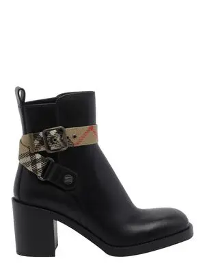 BURBERRY Burberry Black Leather Ankle Boots With Checked Detail