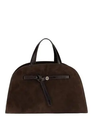Tory Burch Romy Leather And Suede Tote Bag With Metal Double T Logo - Brown