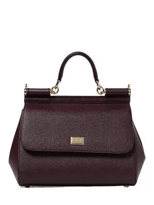 Dolce & Gabbana Sicily Grained Calfskin Leather Handbag With Shoulder Strap - Wine