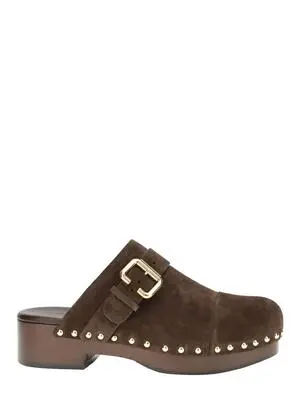 Chloé Jeannette Studded Suede Leather Mules With Adjustable Strap - Brown