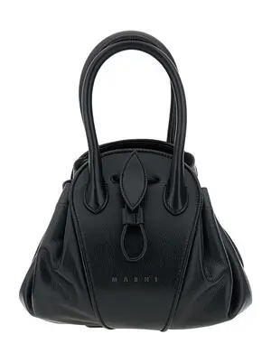 Marni Small Flared Buffalo Leather Handbag With Double Handle And Drawstring Black