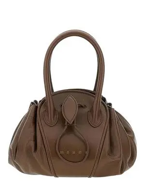 Marni Marni Small Flared Buffalo Leather Handbag With Double Handle And Drawstring Brown