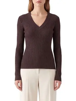 Liu Jo Slim Fit Ribbed V-neck Jumper With Laminated Yarn - Brown