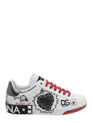 Dolce & Gabbana Portofino Studded Calf Leather Sneakers With Lettering Logo - White 1