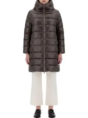 Herno Long Quilted Nylon Puffer Coat With Funnel Neck And Zip Closure - Grey