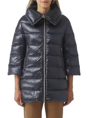 Herno Long Quilted Nylon Puffer Coat With Funnel Neck And Zip Closure - Navy