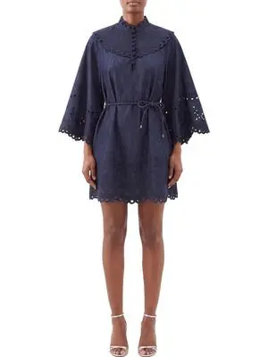Zimmermann Mahon Denim Mini Dress With Kimono Sleeves And Lace - Blue