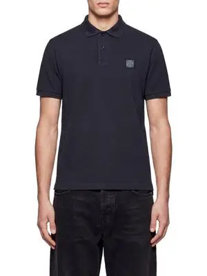 Stone Island Slim Fit Cotton Short-sleeved Polo Shirt With Compass Logo Patch - Navy