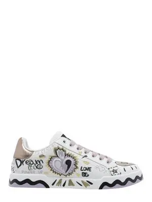 Dolce & Gabbana Portofino Calf Leather Sneakers With Graphic And Slogan Print - White