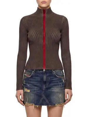 DIESEL® Diesel Slim Fit Ribbed Viscose Turtleneck Cardigan With Zip Closure Brown