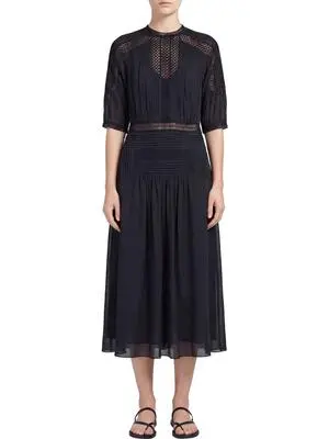 Isabel Marant Étoile Flared Midi Dress In Linen Blend With Lace Inserts - Black