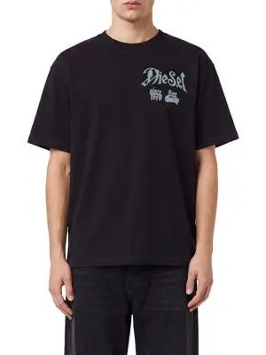 DIESEL® Relaxed Fit Cotton T-shirt With Graphic Print And Flocked Logo - Black
