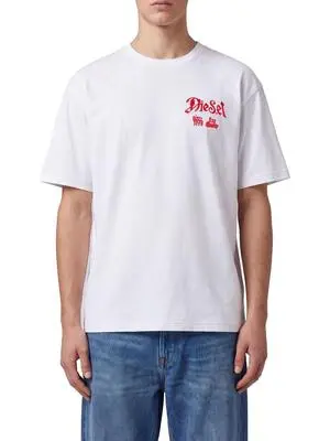 DIESEL® Relaxed Fit Cotton T-shirt With Graphic Print And Flocked Logo - White