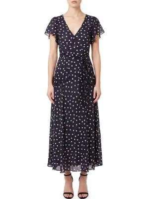 Rixo Polka-dot Silk Flared Midi Dress With Waist Tie - Blue