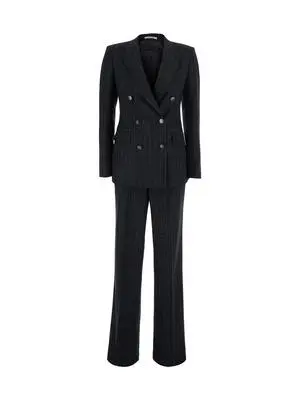 Tagliatore Grey Double-breasted Suit With All-over Stripes Motif In Wool Blend For - Gray