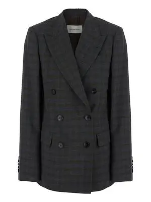 Dries Van Noten Barrysta' Brown Double-breasted Jacket With Peak Revers And Check Motif All-over In Wool For - Multicolor