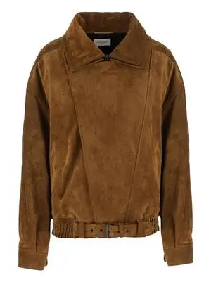 Saint Laurent Brown Jacket With Classic Collar And Buckled Belt In Suede For - Multicolor