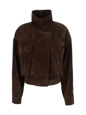 Saint Laurent Brown Jacket With Raised Collar With Snap Buttons And Elasticated Waist At The Back In Suede For - Multicolor