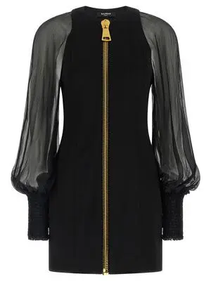 Balmain Mini Dress With Gold Xl Zip And Sheer Sleeves - Black