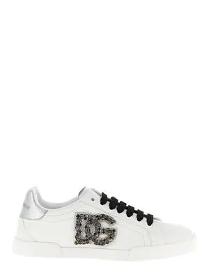 Dolce & Gabbana Portofino' Embellished Calfskin Leather Sneakers - Silver
