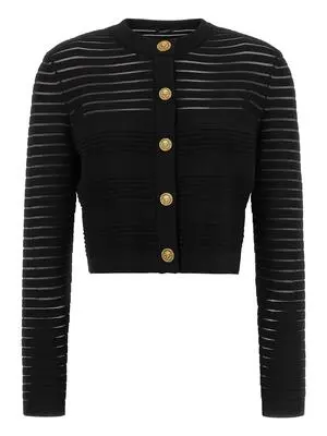 Balmain Cropped Striped Cardigan With Gold Button Detail - Black