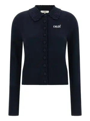 Chloé Navy Pure Wool Crochet Collar Cardigan - Blue