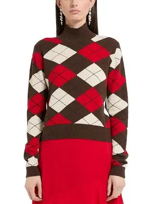 Marella Argyle Wool Cashmere Turtleneck Sweater - Red