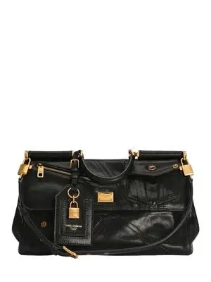 Dolce & Gabbana Calfskin Biker Patch Sicily Medium Handbag - Black