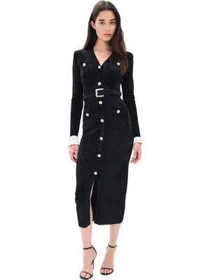 SELF-PORTRAIT Chenille Knit Midi Dress With Embellished Buttons - Black