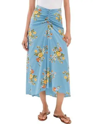 Veronica Beard Limani Floral Print Ruched Midi Skirt - Blue River Multi