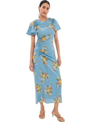 Veronica Beard Midi Huntleigh Dress With Floral Print And Asymmetrical Ruching - Blue River Multi