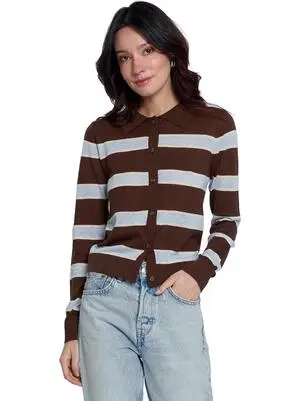 Central Park West Quinn Striped Collared Knit Cardigan - Chocolate Combo