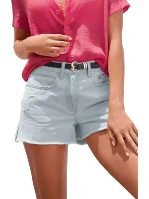 LASCANA Mid Rise Frayed Hem Denim Shorts - Blue Wash