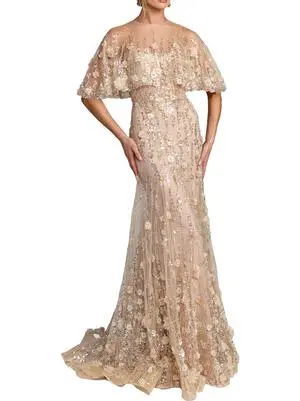 Mac Duggal Petite Embellished Cape Sleeve Mermaid Gown - Almond