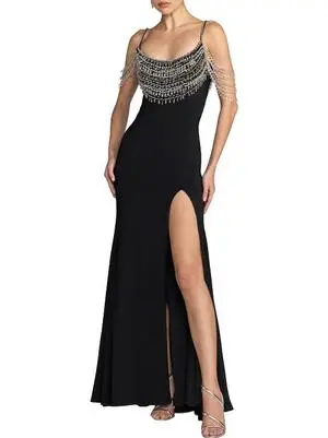 MAC DUGGAL Crystal Beaded Scoop Back Jersey Gown With Slit