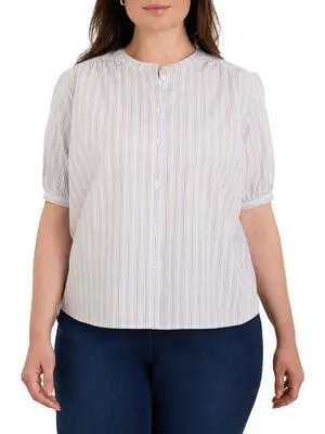 NIC+ZOE Eton Striped Band Collar Shirt - Blue Multi