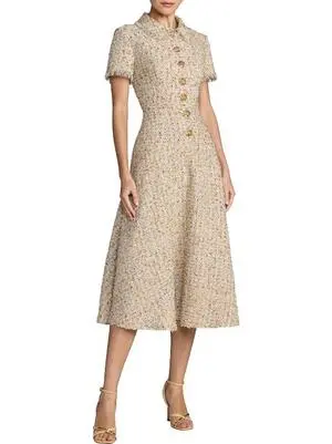Mac Duggal Boucle Cap Sleeve Collared Neck A-line Midi Dress - Ecru Multi