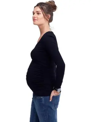 Isabella Oliver Scoop Neck Long Sleeve Maternity Top With Ruching - Black
