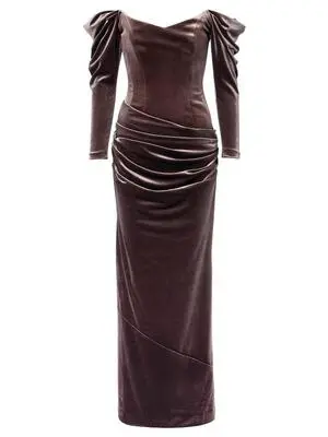 Alex Perry Draped Velvet Gown - Brown