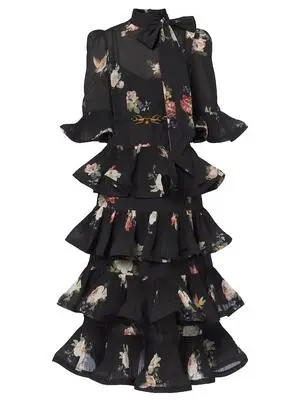 Zimmermann Floral Pleated Ruffled Midi Dress - Black