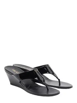 Prada Patent Leather Thong Wedge Sandals - Black