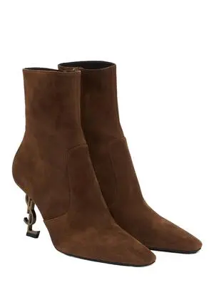 Saint Laurent Opyum Suede Ankle Boots With Square Toe And Brass Hardware - Brown