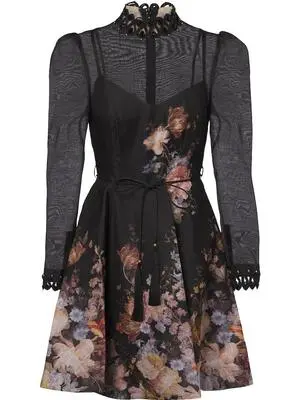 Zimmermann Valiant Floral Linen And Silk Minidress - Black