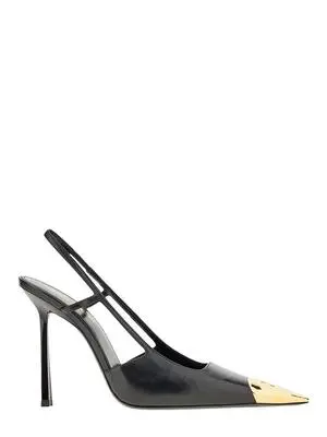 Saint Laurent SAINT LAURENT Jeanne Nappa Leather Slingback Pumps With Gold Hammered Metal Toe Black