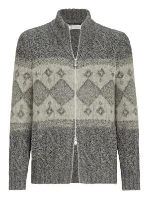 Brunello Cucinelli Zip-up Cardigan With Geometric Pattern - Blue