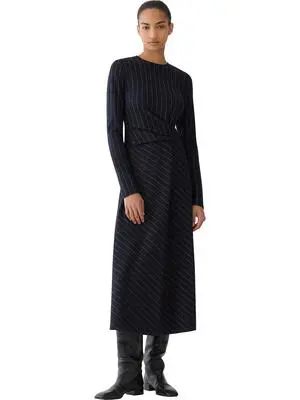 Lafayette 148 New York Pinstripe Wool Jersey Long Sleeve Midi Dress - Navy Multi